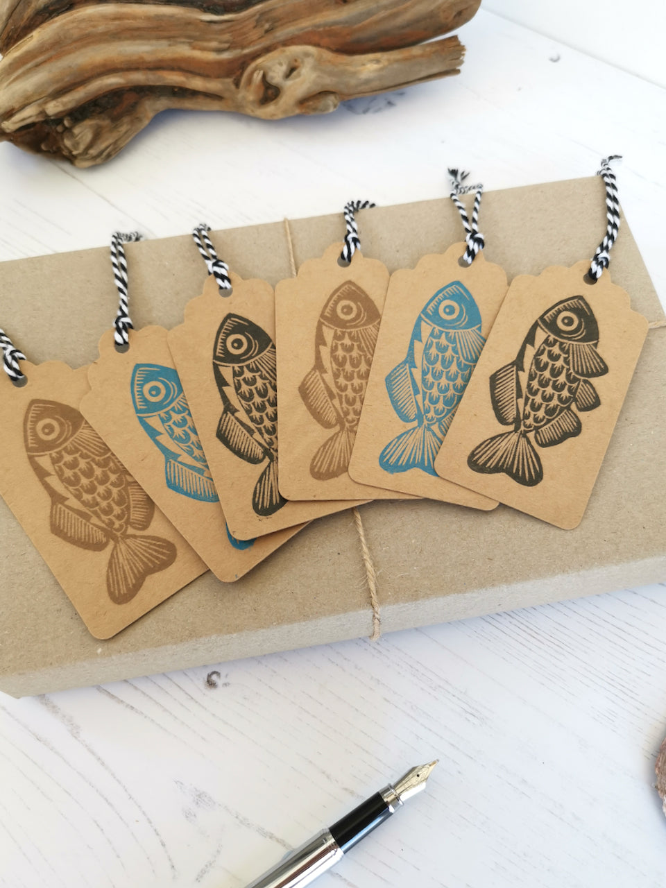 6pk hand printed Fish gift tags / present tags for gift wrapping ...