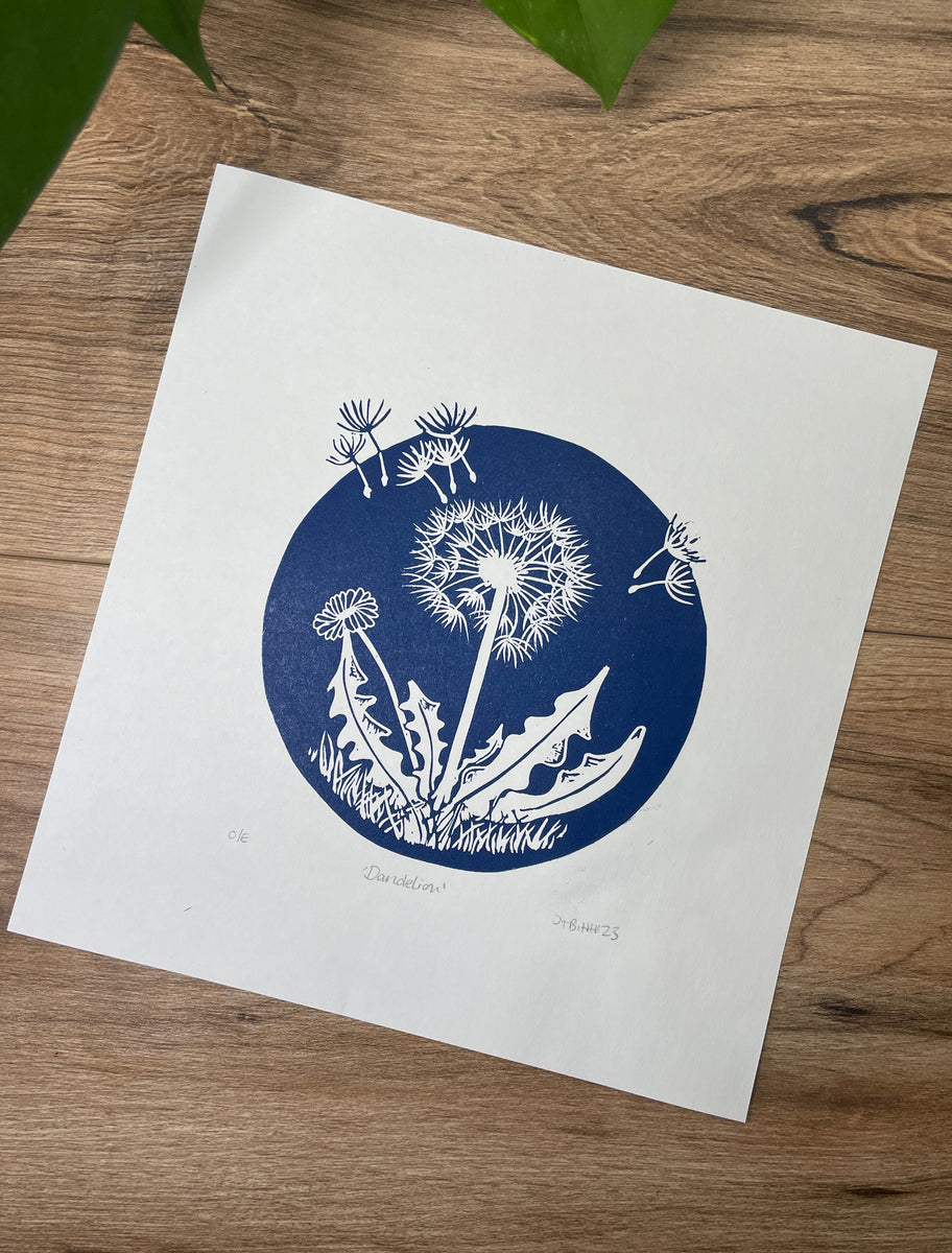 Dandelion hand printed Linocut art print – Jackdaw and Bear