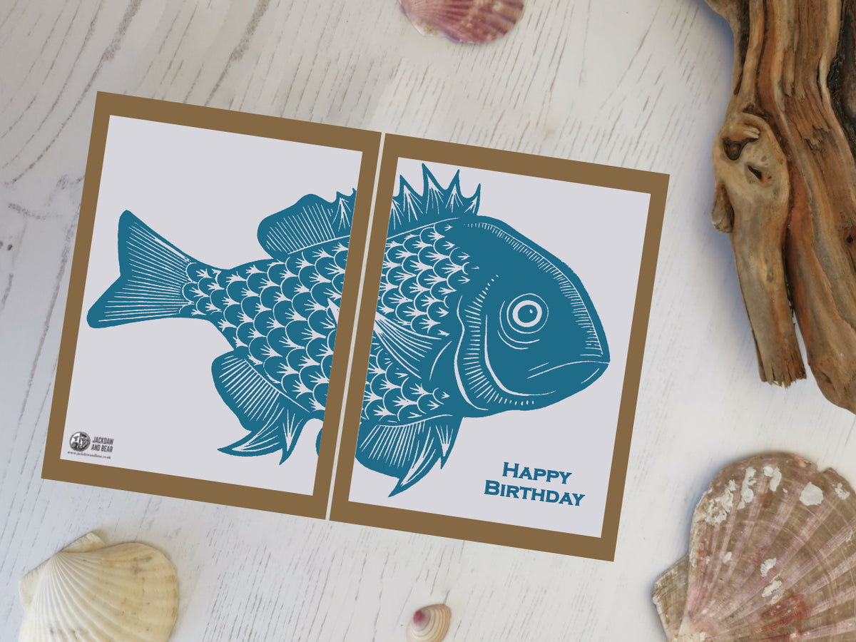 Blue Fish Happy Birthday greeting card Lino print | Jackdaw & Bear ...