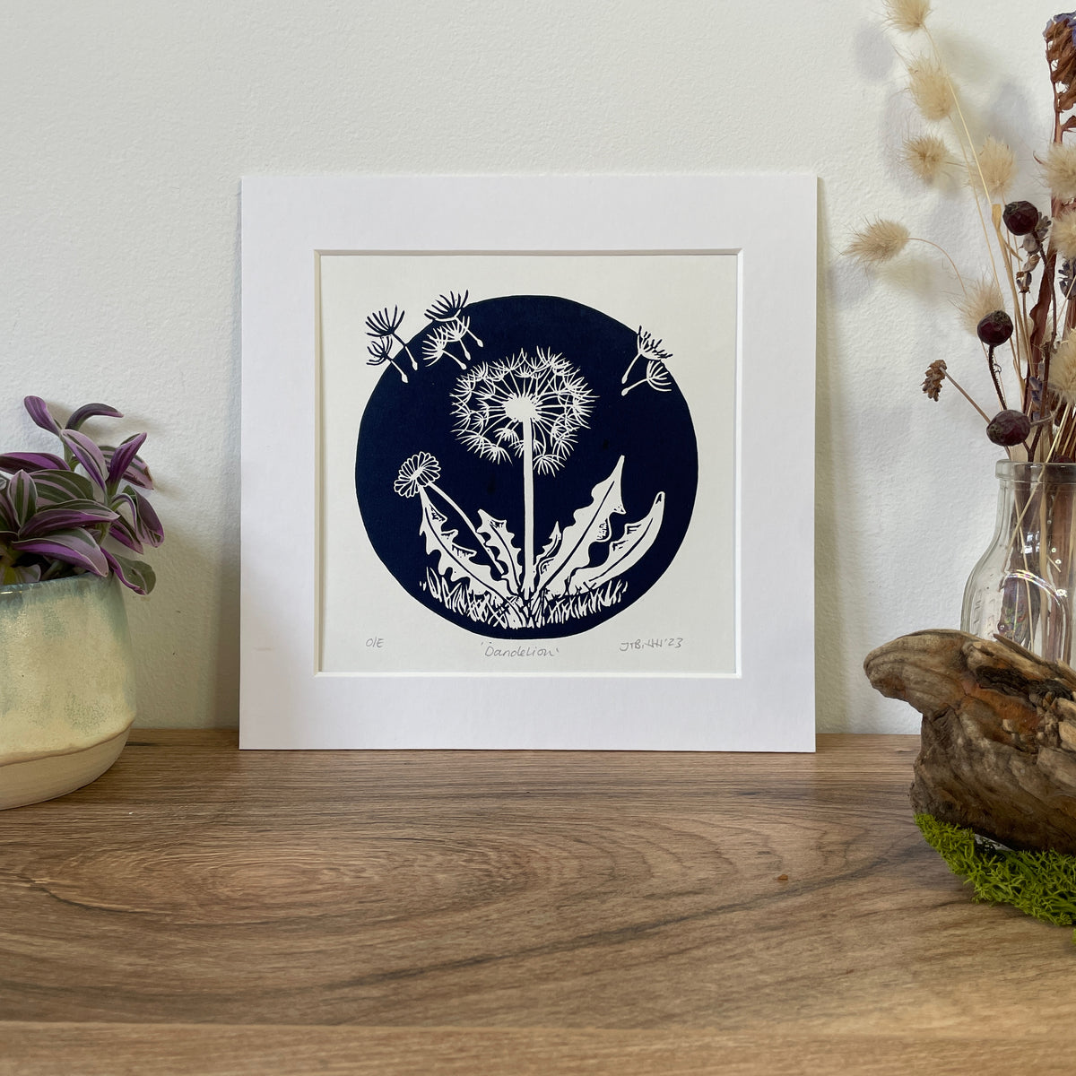 Dandelion hand printed Linocut art print, wildflower art print ...
