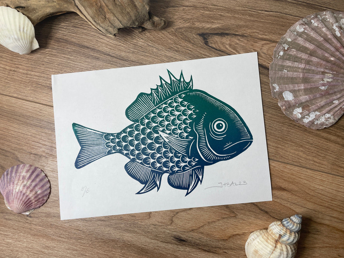 Fish linocut art print by Jackdaw and Bear