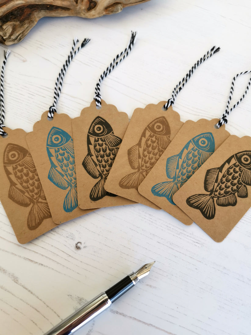 6pk hand printed Fish gift tags / present tags for gift wrapping ...