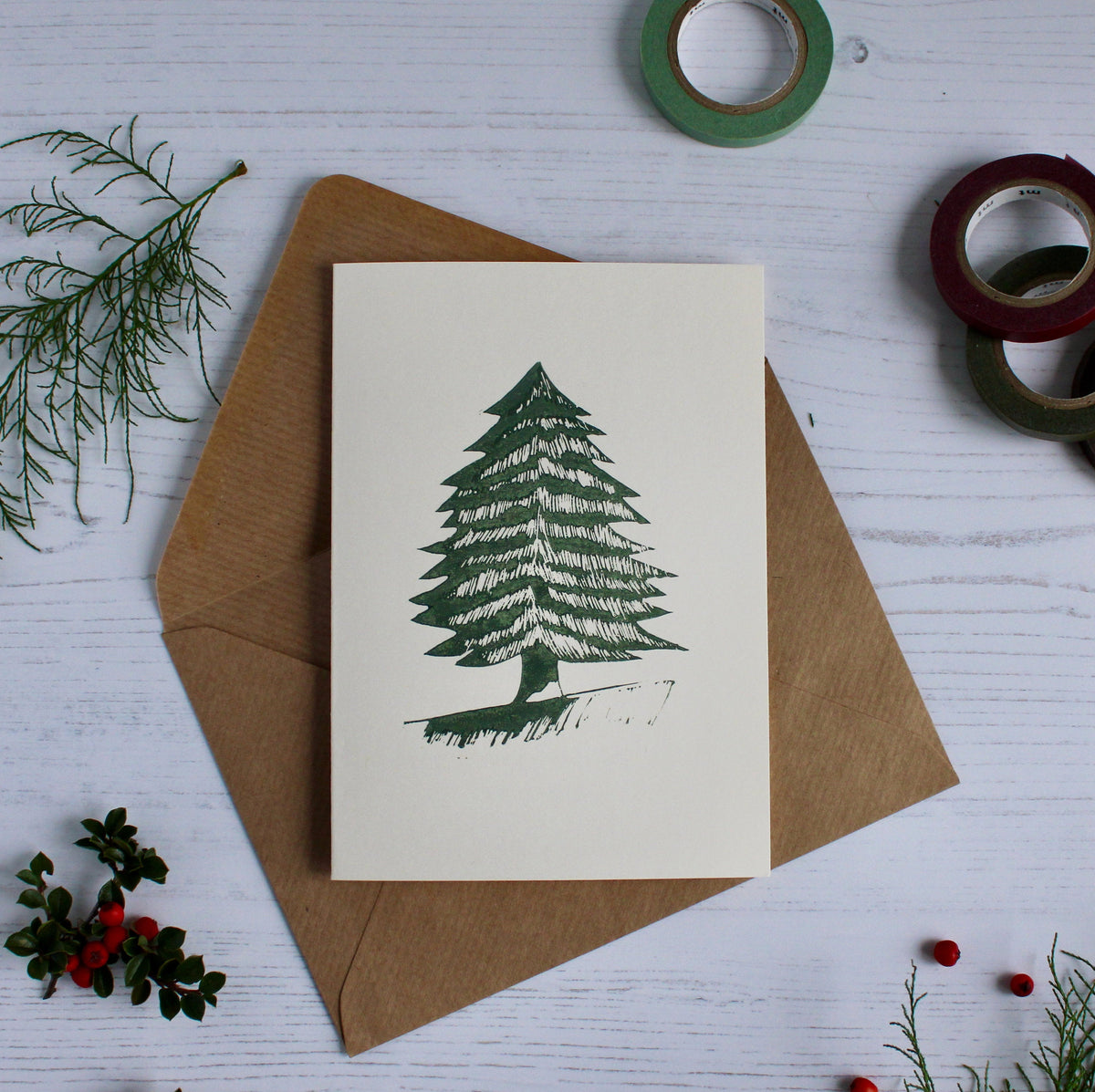 Hand printed Pine forest tree, Christmas tree card – Jackdaw and Bear
